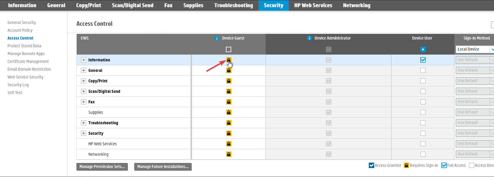 Settings on the HP Web UI