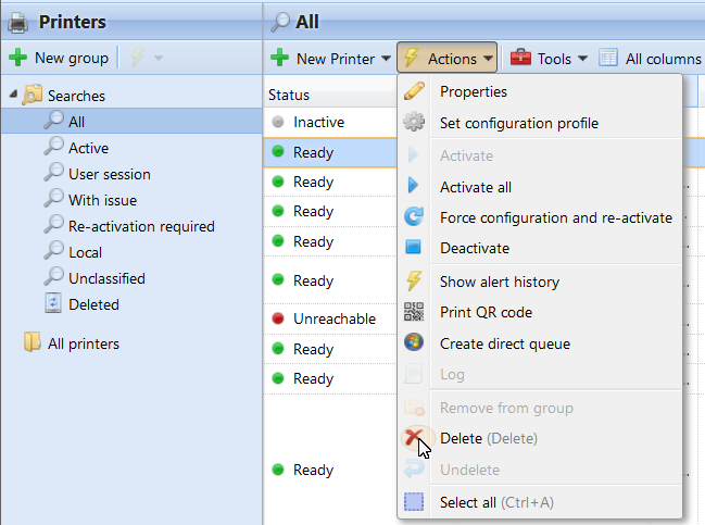 Deleting and undeleting printers