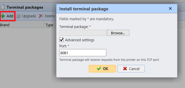 Printers and Terminals settings